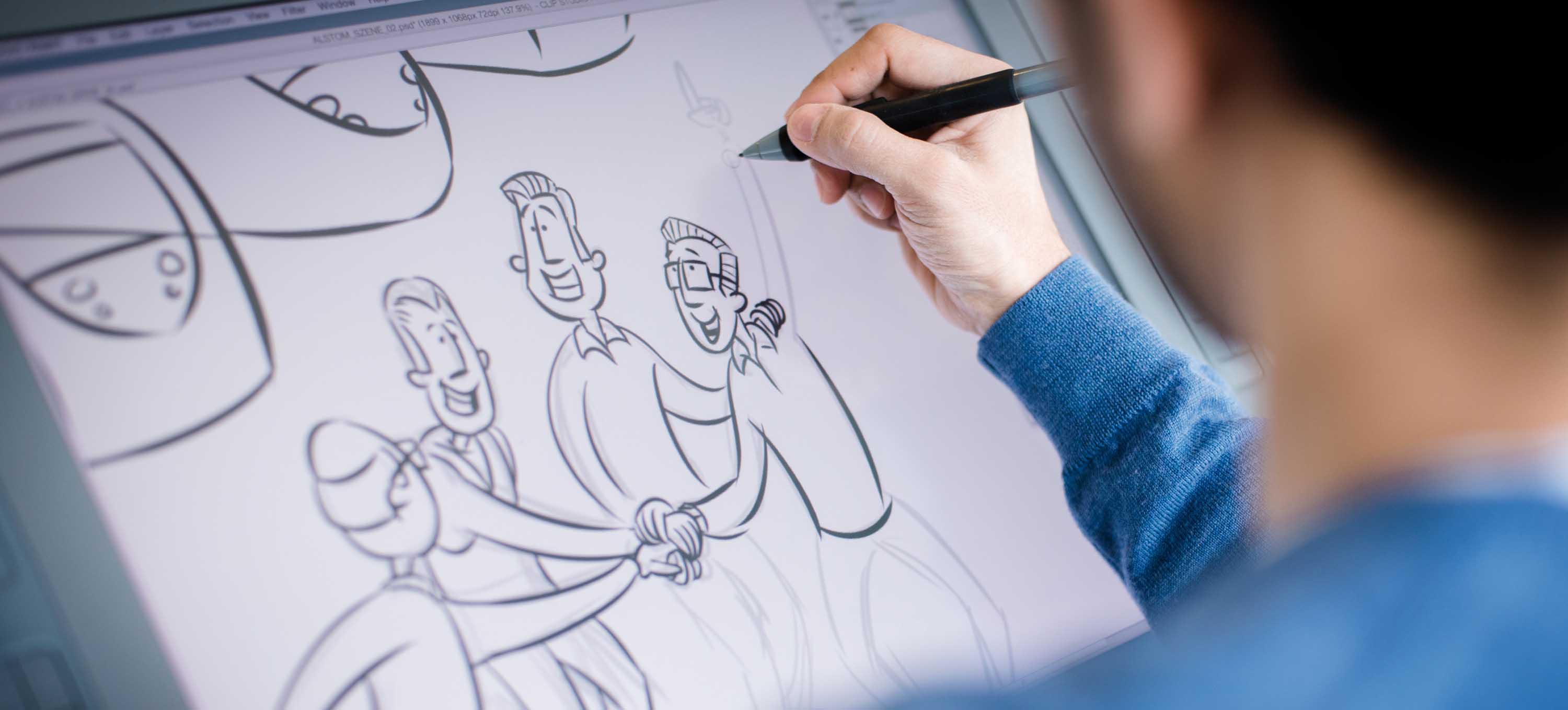 Illustrator zeichnet Dialogbild Light Szene am Grafiktablett - Dialogbild